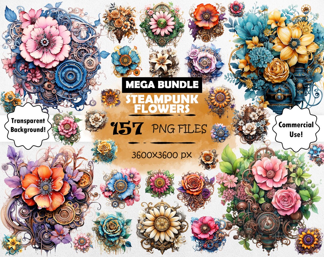 MEGA SET Watercolor Steampunk Flowers Clipart Bundle Mechanical Flowers ...