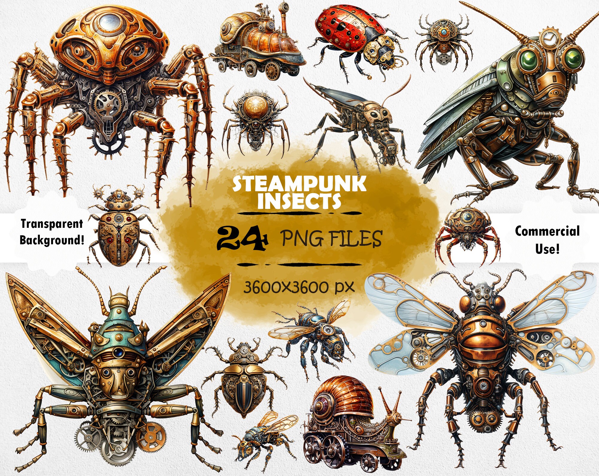 MEGA SET Watercolor Steampunk Insects Clipart Bundle Steampunk Insect ...