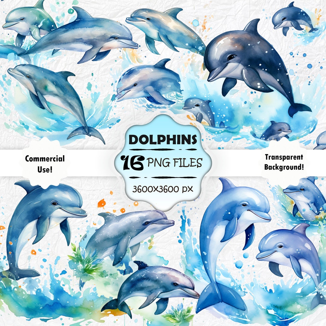 Watercolor Dolphin Clipart Set, Cute Dolphin PNG Bundle, Blue Dolphins ...