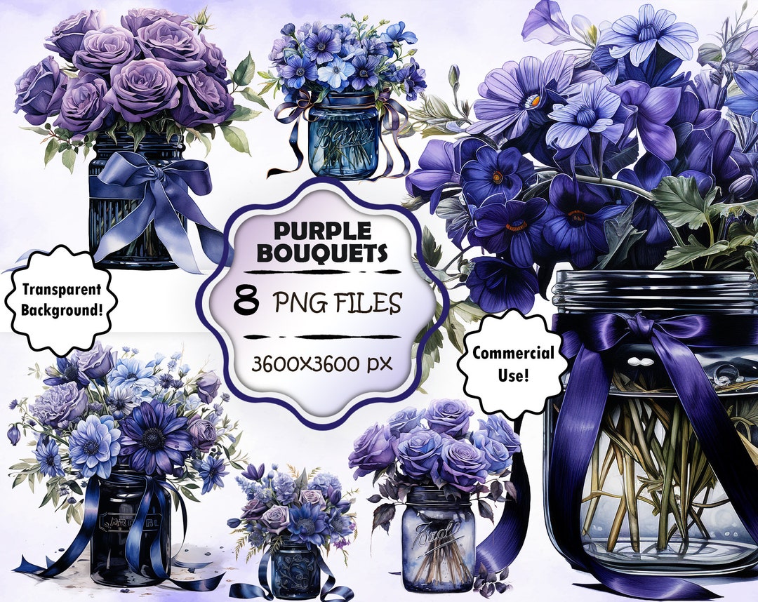 Dark Watercolor Bouquet Clipart Bundle, Black and Purple Flowers PNG ...