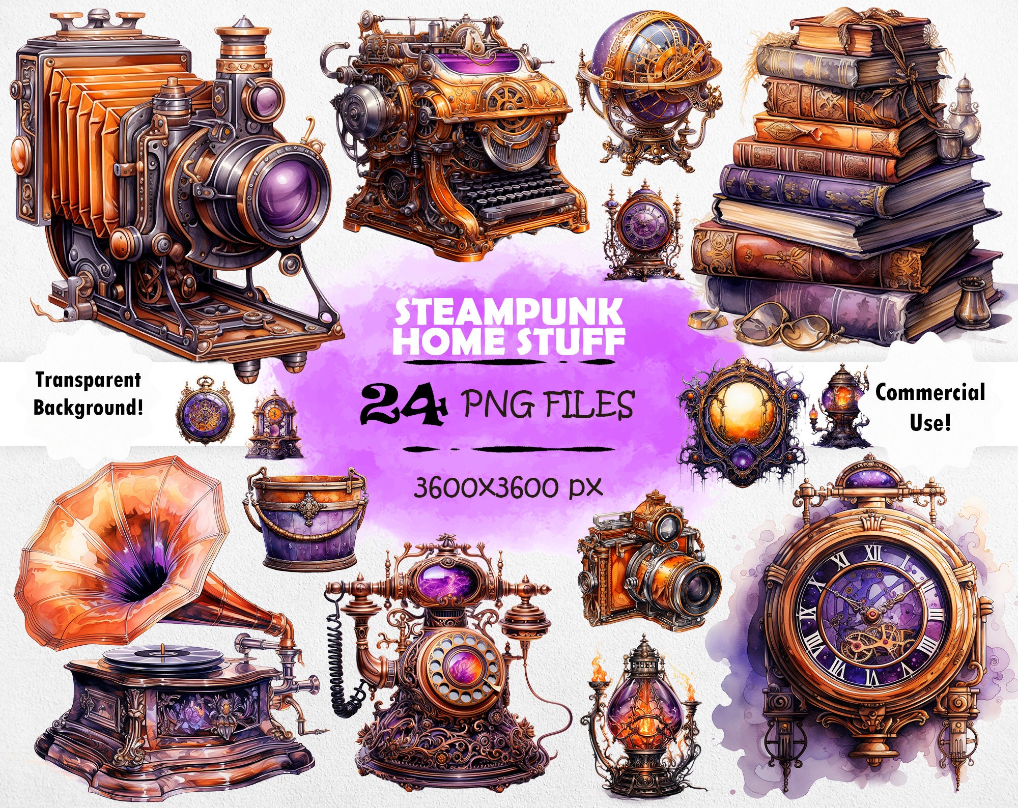 Watercolor Steampunk Elements Clipart Bundle Technology Art PNG Steampunk Furniture PNG ...