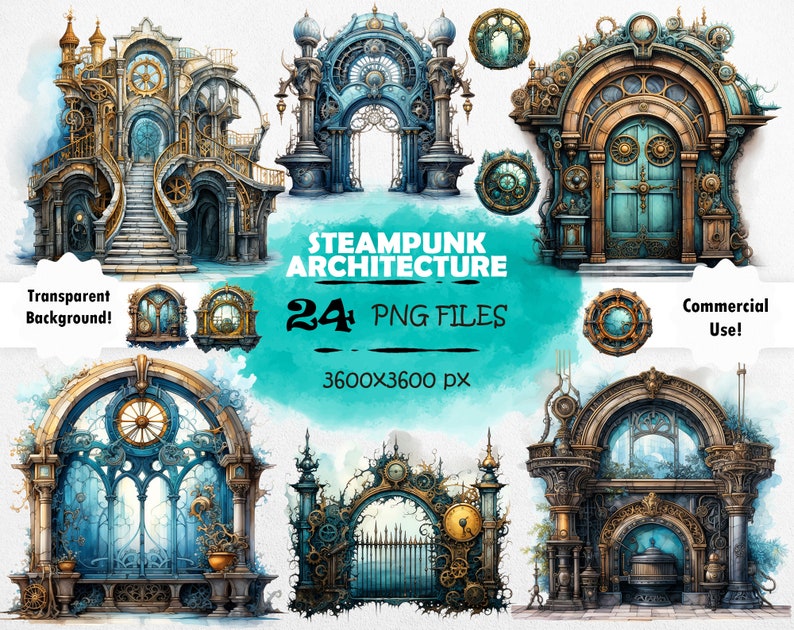 Watercolor Steampunk Architecture Clipart Bundle Steampunk Windows PNG Steampunk Window Clipart ...
