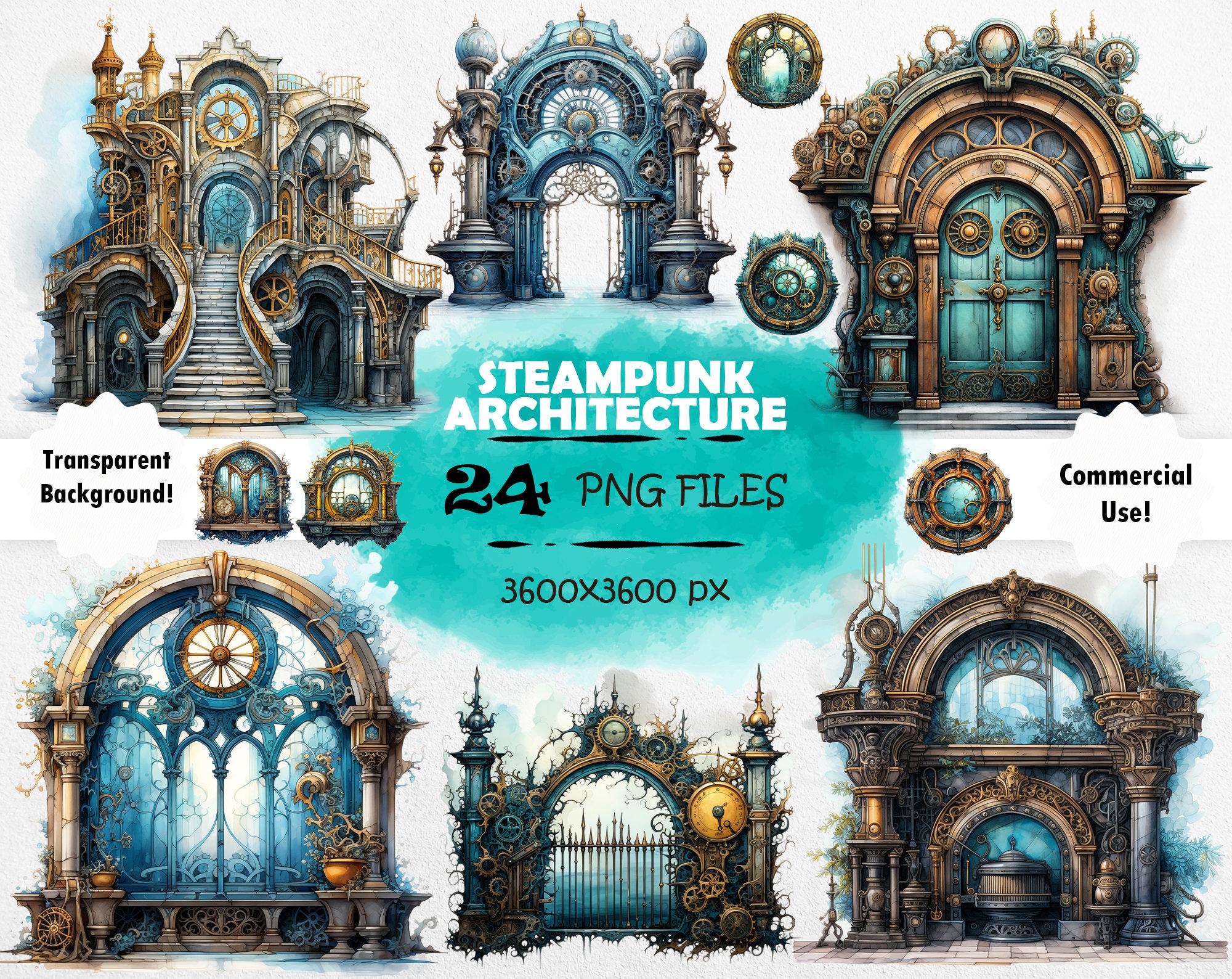 Watercolor Steampunk Architecture Clipart Bundle Steampunk Windows PNG Steampunk Window Clipart ...