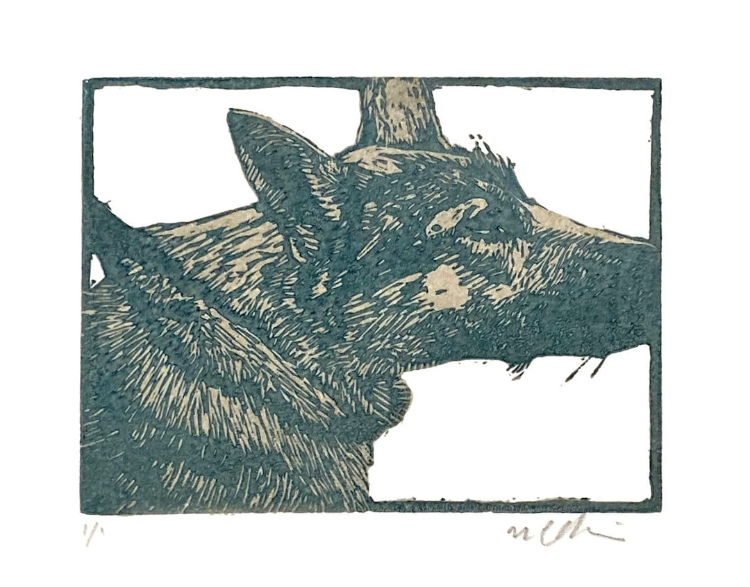 K-9 Unit blue/tan Reduction Linocut Print by Printmaker Nicholas ...