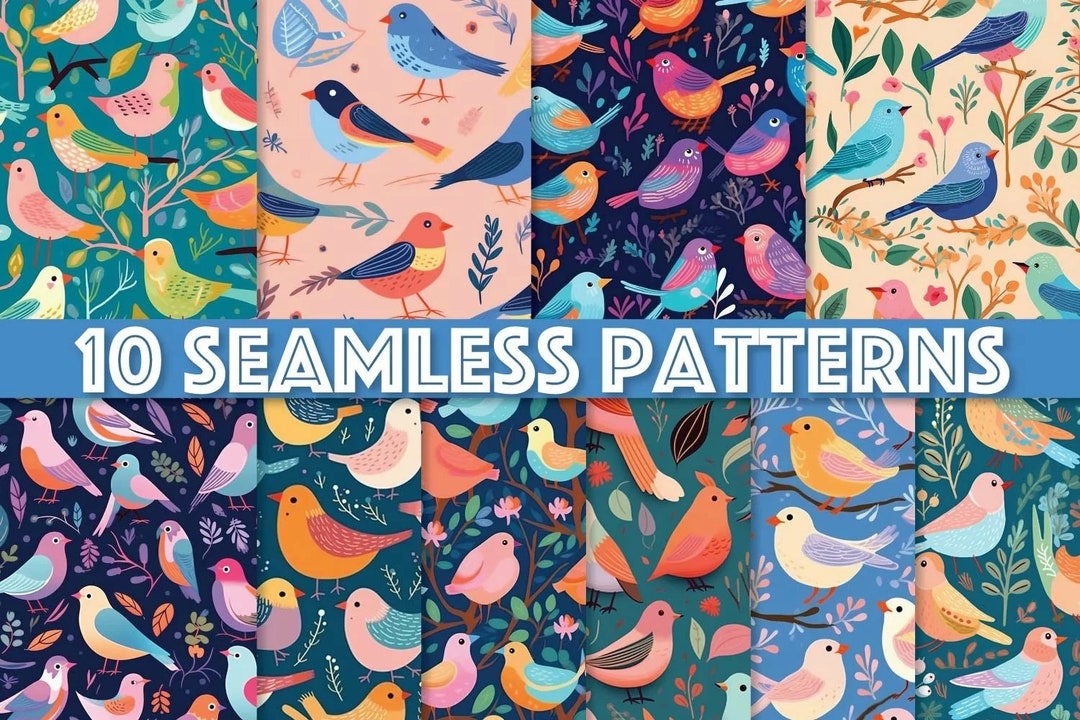 Adorable Birds Seamless Digital Papers, Whimsical, Summer Background ...