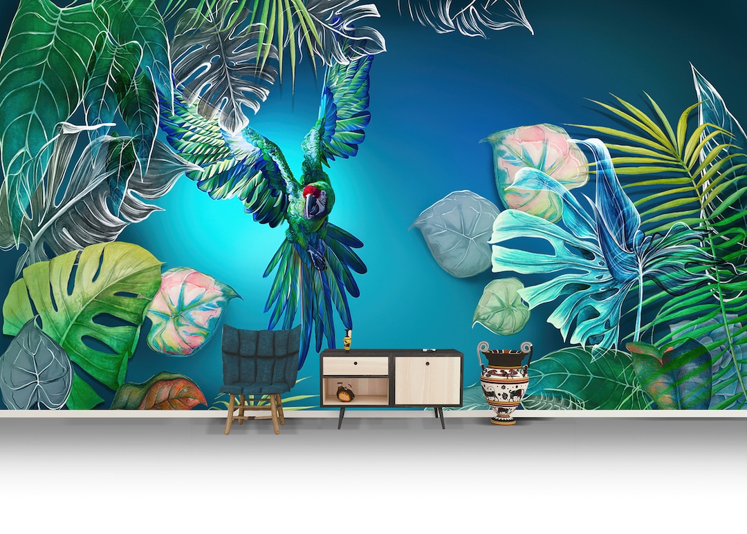 Wallpaper Designbright Flying Parrot Among Tropical - Etsy