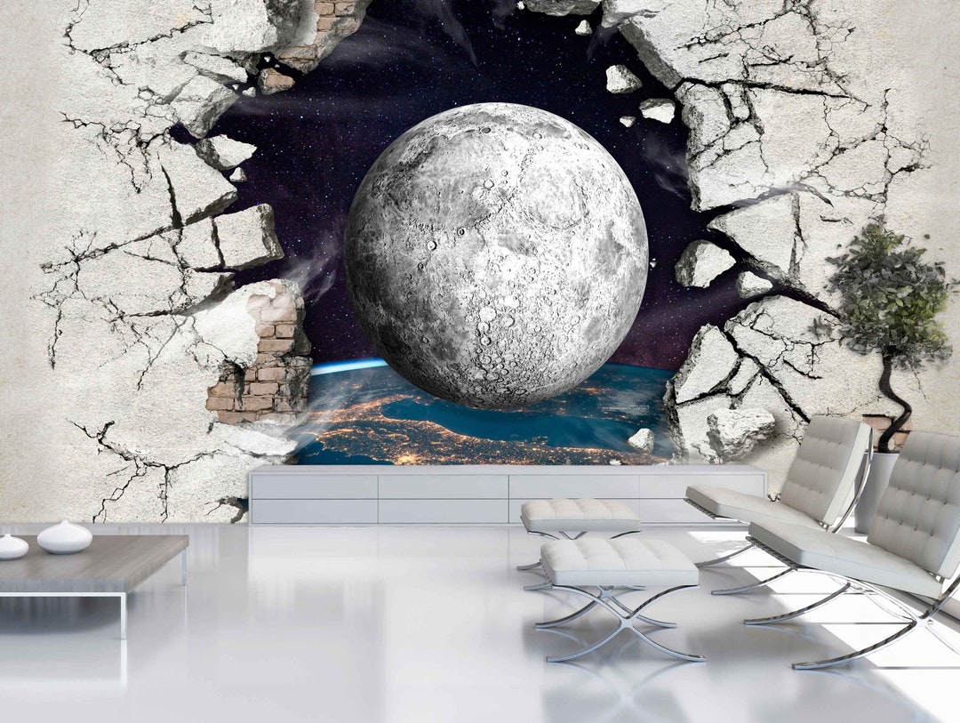 Broken Wall and Moon Wallpaper Moon and Earth Fantastic Art - Etsy