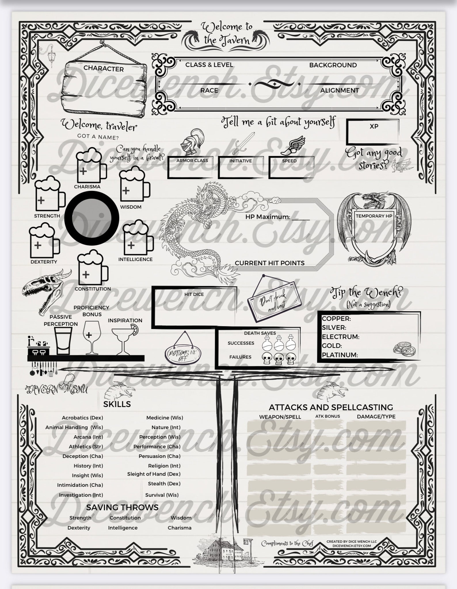 The Tavern Character Sheet editable Printable PDF - Etsy