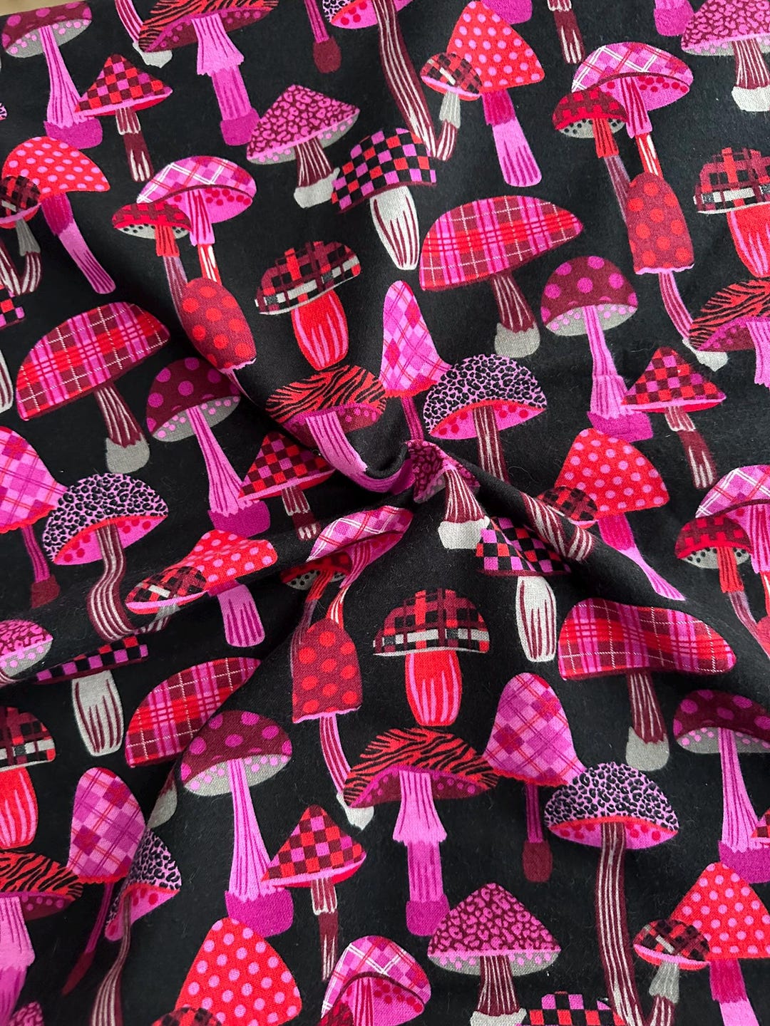 Funky Exotic Bright Pink and Red Mushrooms on Black 43" Wide 100% ...