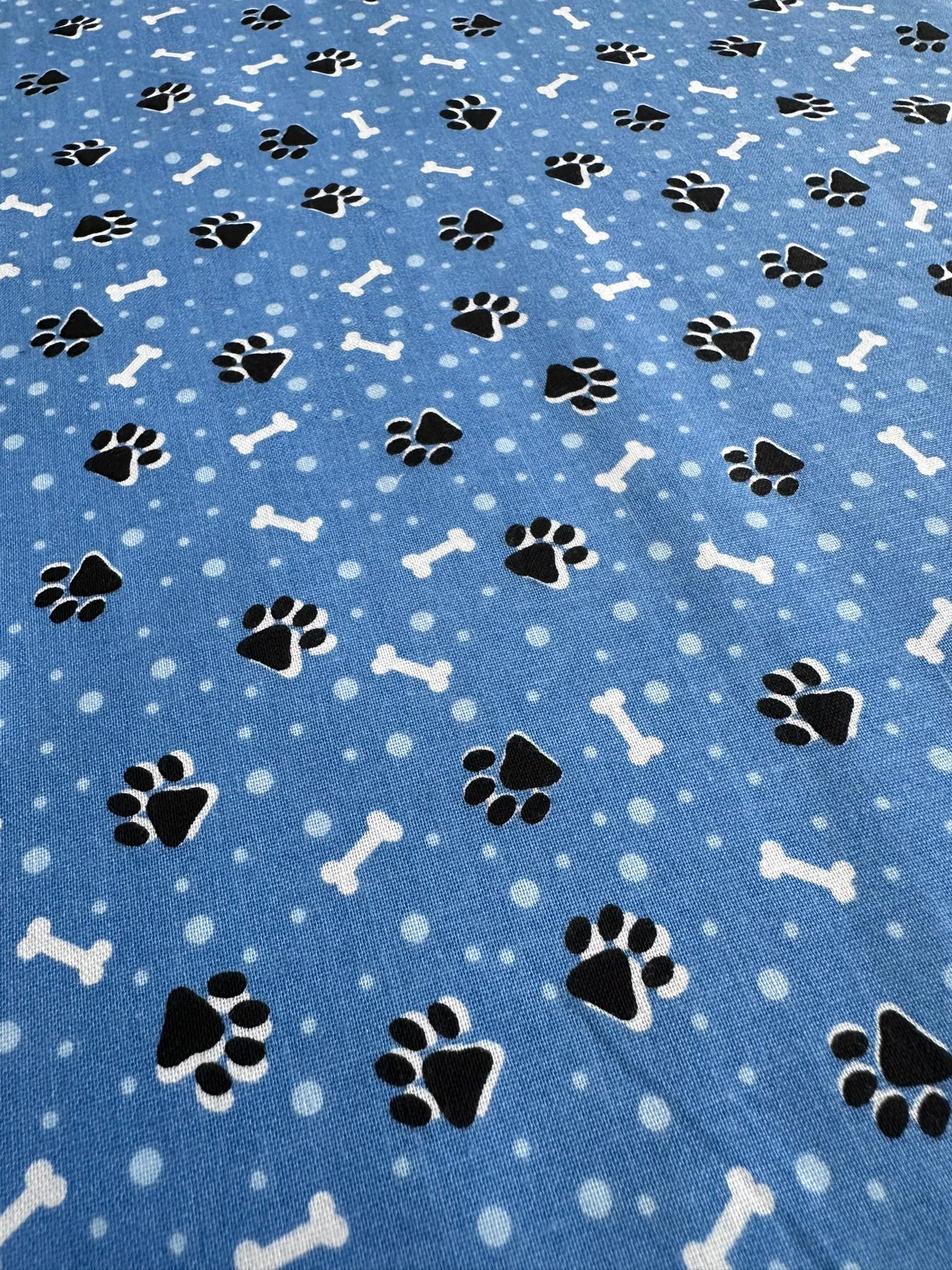 Dog Paw Prints and Bones on Denim Blue 44" Wide 100% Cotton Novelty ...