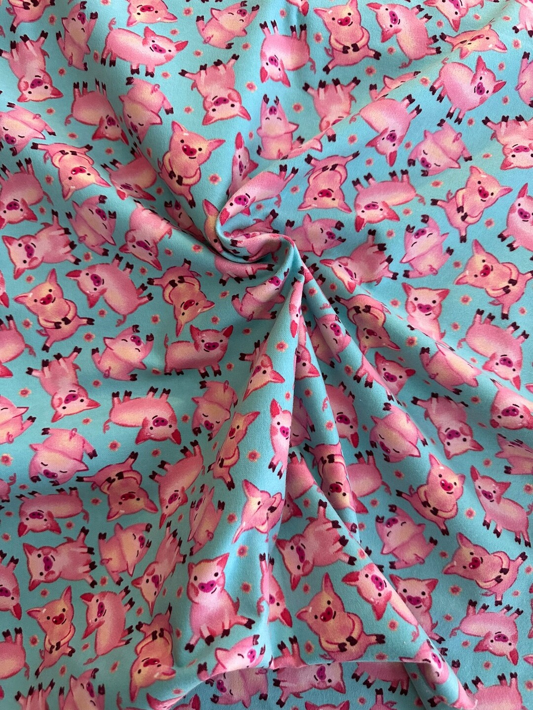 Pink Flowers and Pigs on Teal 43" Wide 100% Cotton Super Snuggle ...