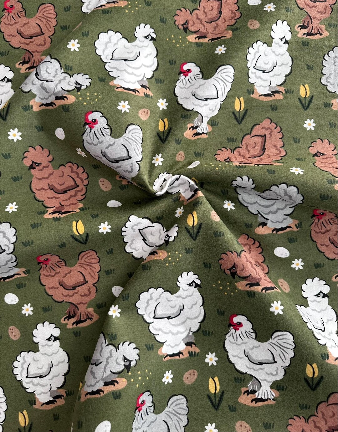 Fancy Chickens on Olive Green 43" Wide 100% Cotton Snuggle Flannel ...