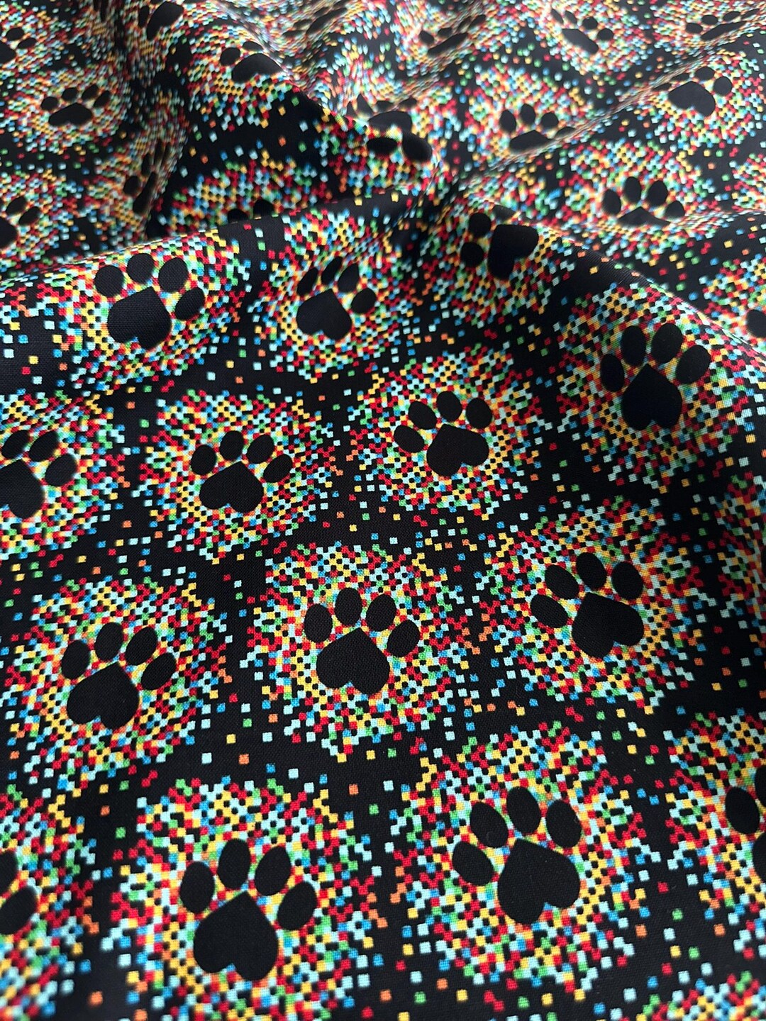 Rainbow Confetti Heart Shaped Dog Paws 44" Wide 100% Cotton Novelty ...