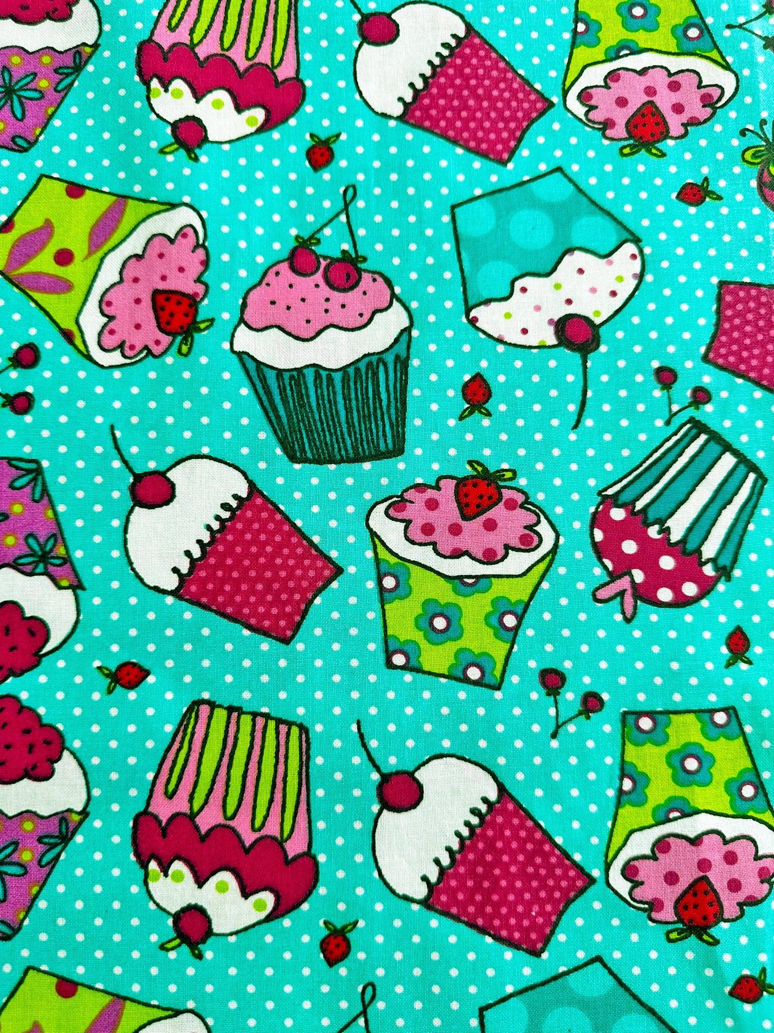Bright Colorful Cupcakes on Aqua Polka Dot 44" Wide 100% Cotton Novelty ...
