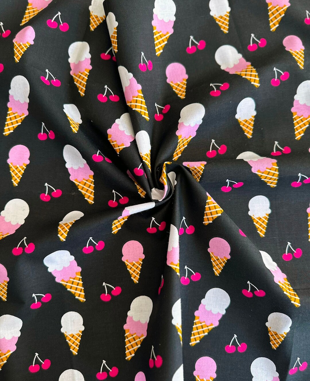 Ice Cream Cones and Cherries on Black Fat Quarter - 18" X 21" Fabric ...