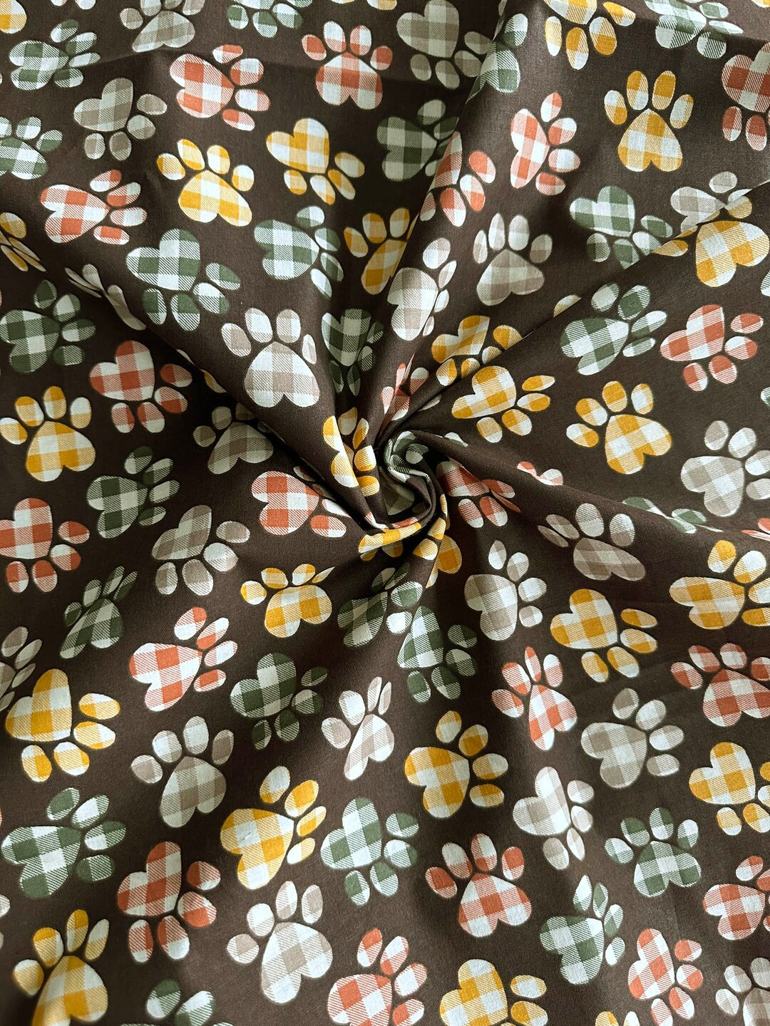 Fall Buffalo Check Paw Prints on Brown 44" Wide 100% Cotton Novelty ...