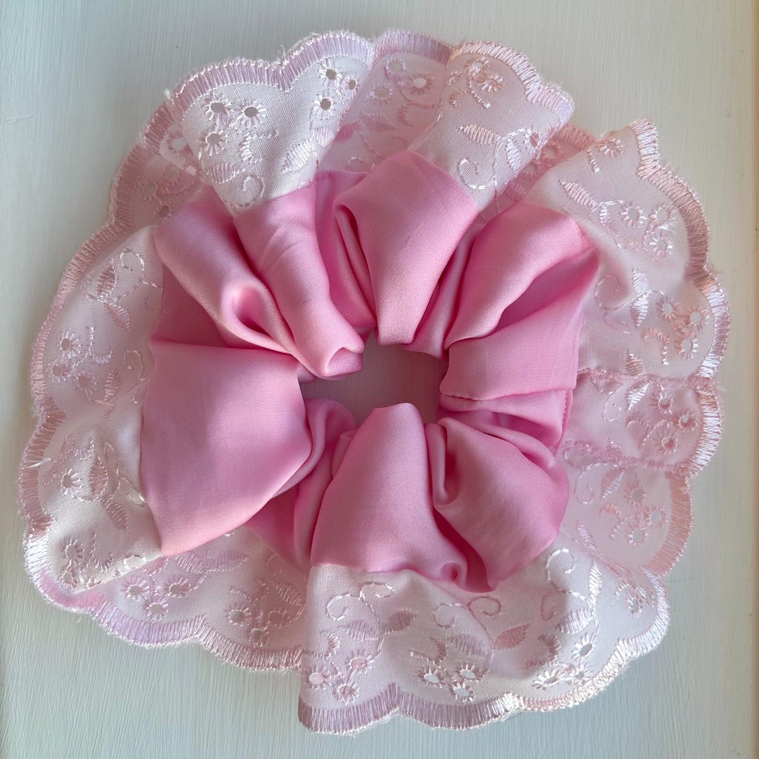 Hot Pink Satin Scrunchie With Baby Pink Broderie Trim | Luxury Soft ...