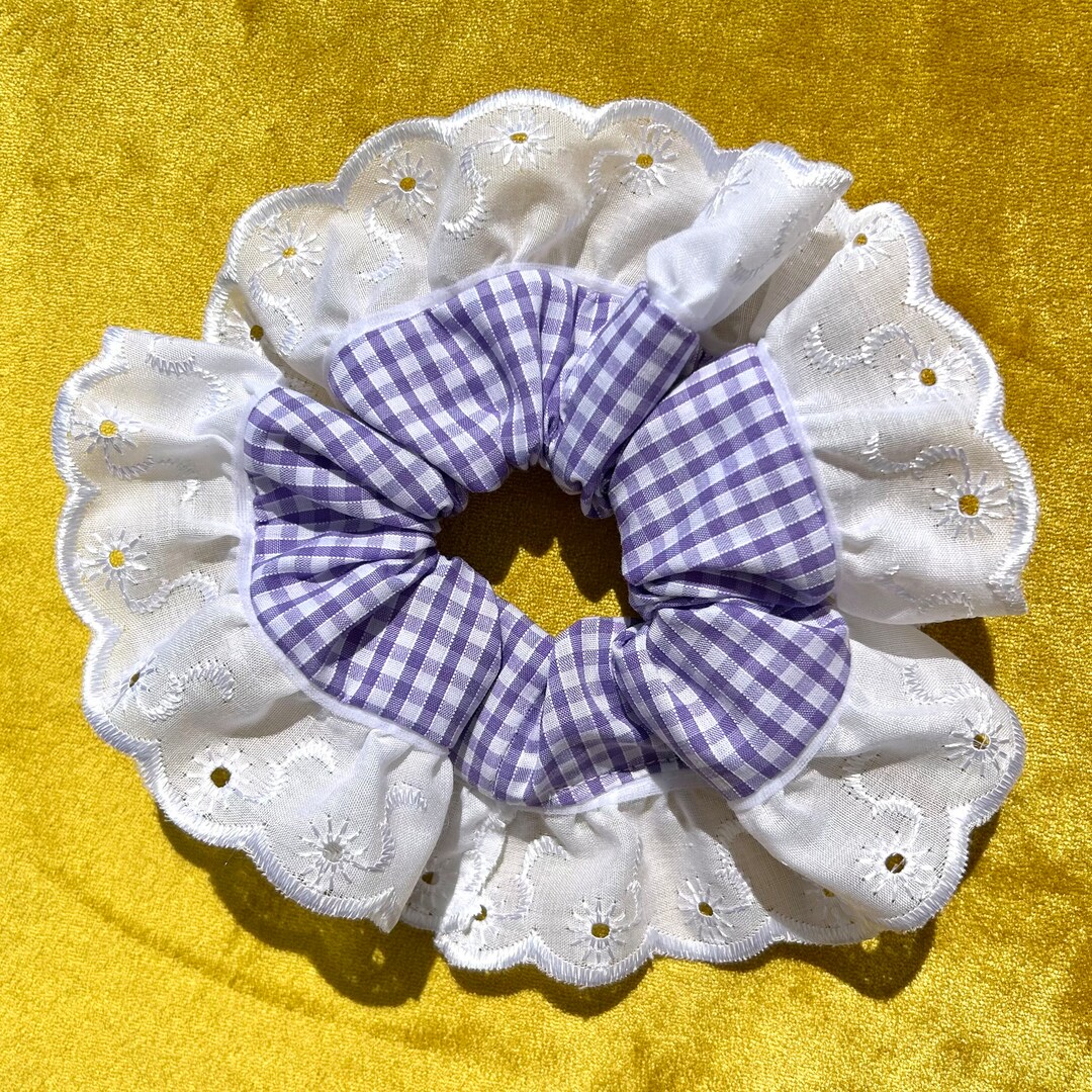 Large Lilac Gingham Scrunchie With Scalloped Lace/ribbon Trim | Purple ...