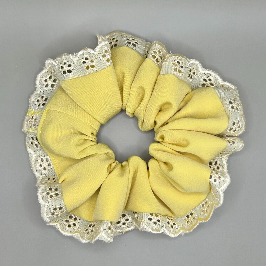 Pastel Yellow Scrunchie With Broderie Trim | Cotton Scrunchie ...