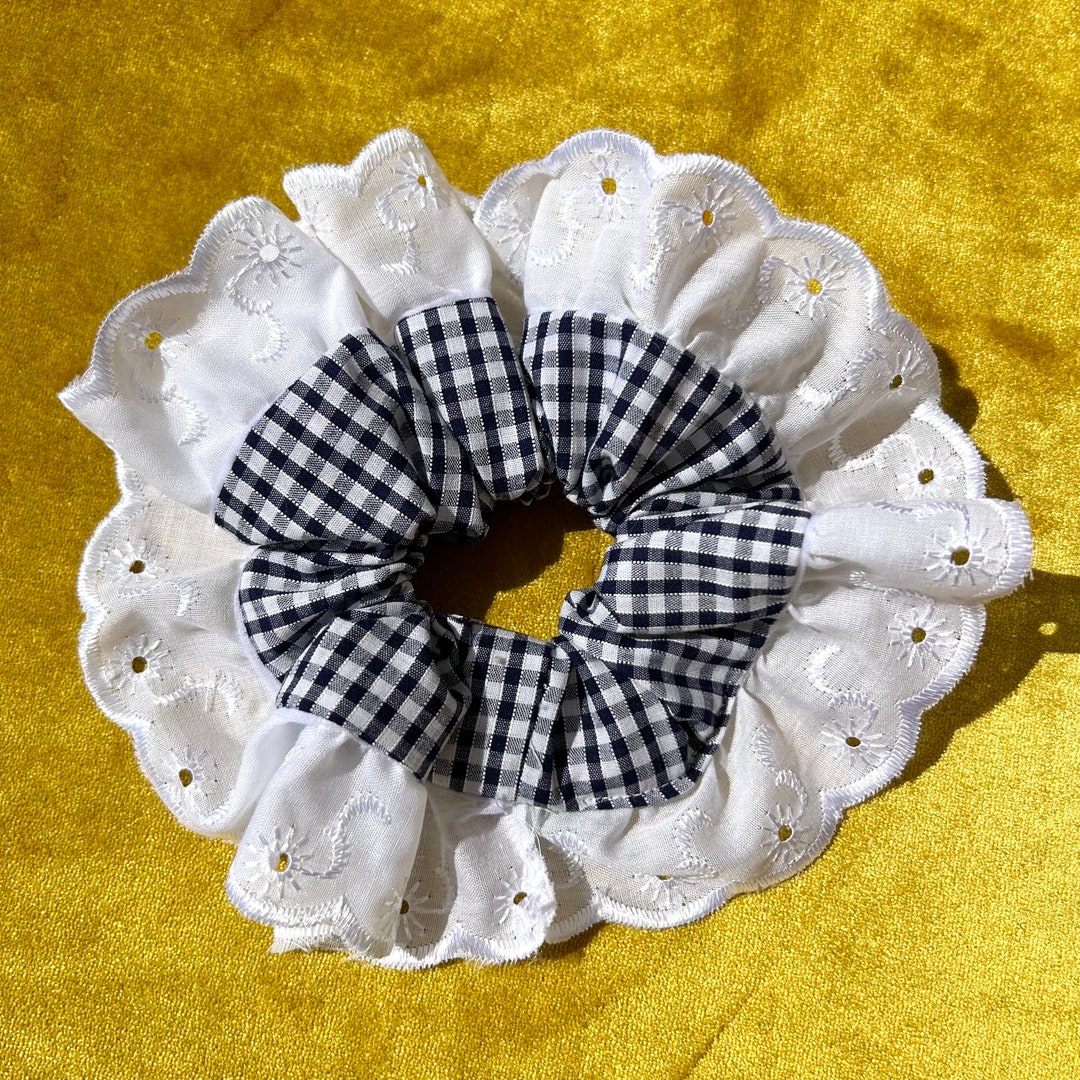 Large Navy Gingham Scrunchie With Scalloped Lace/ribbon Trim | Navy ...