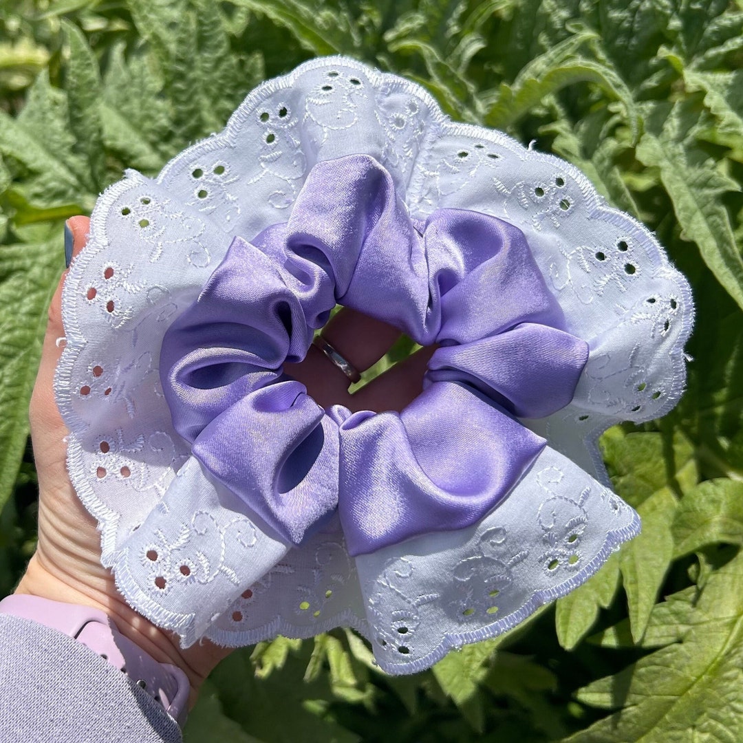 Lilac Satin Scrunchie With Broderie Trim | Luxury Soft Faux Silk ...