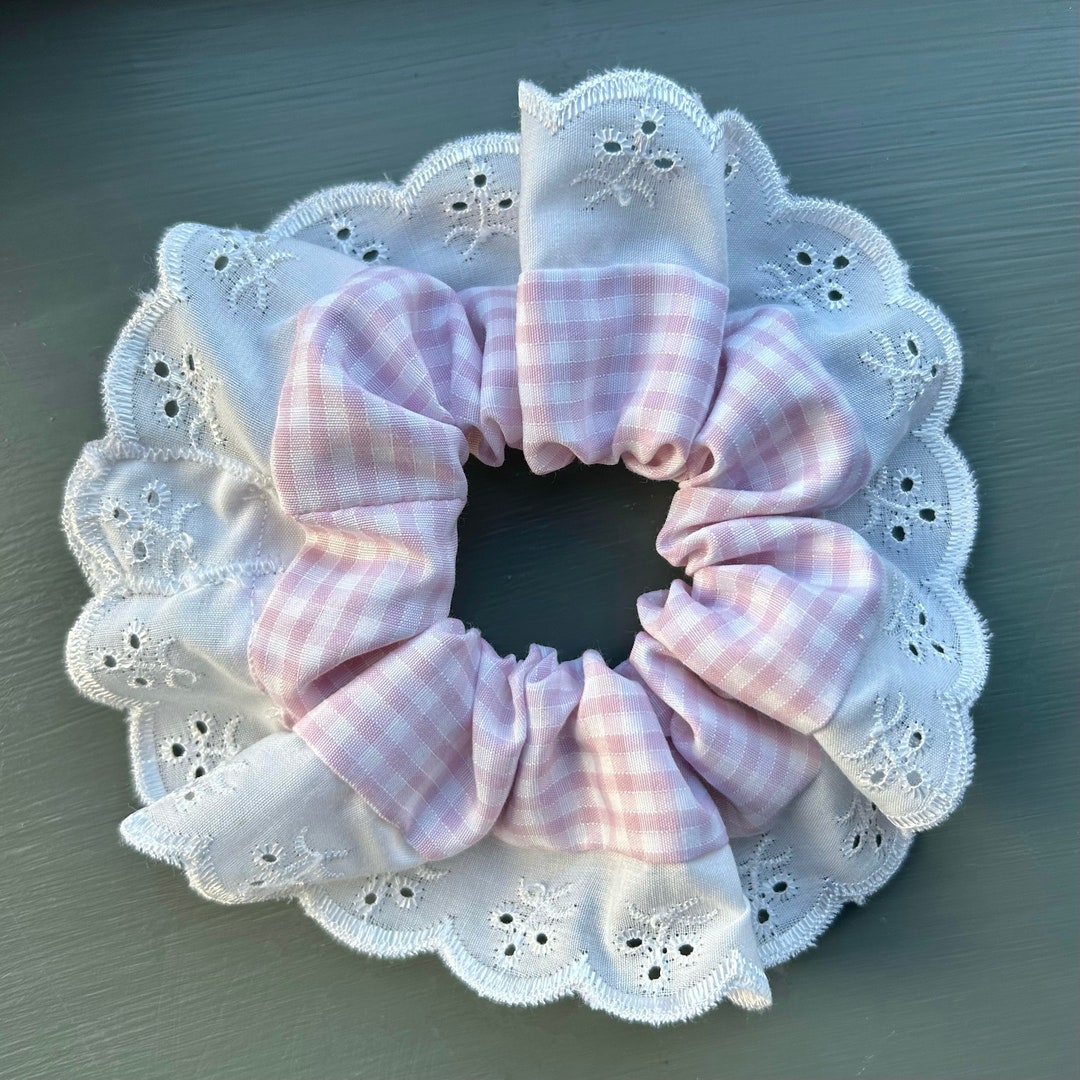 Large Pale Pink Gingham Scrunchie With Scalloped Lace/ribbon Trim ...