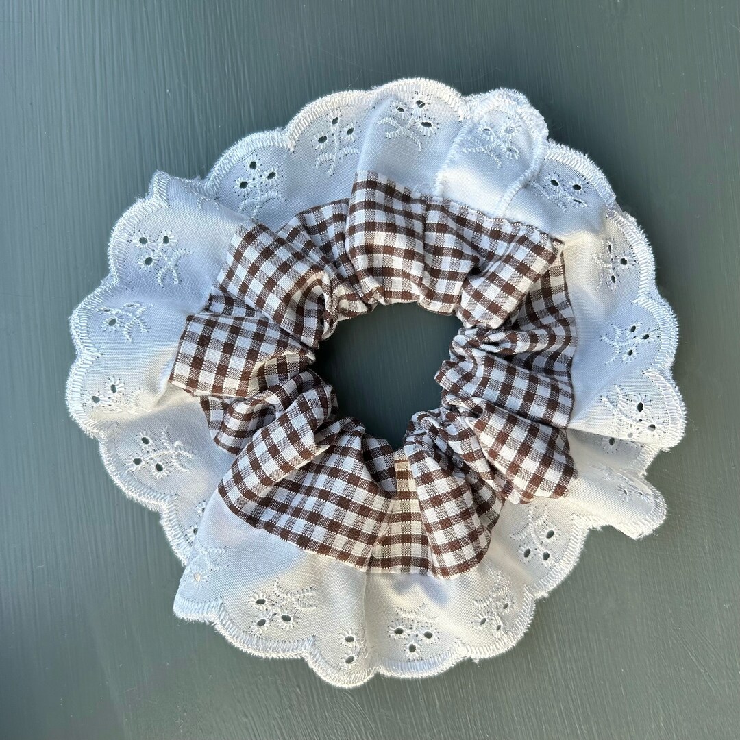 Large Chocolate Brown Gingham Scrunchie With Scalloped Lace/ribbon Trim ...