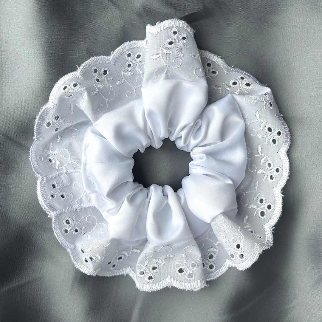 Large White Scrunchie With Broderie Trim | White Satin or White Muslin ...