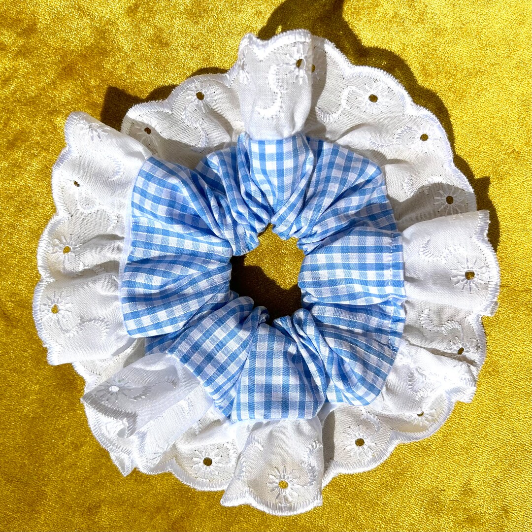 Large Light Blue Gingham Scrunchie With Scalloped Lace/ribbon Trim ...