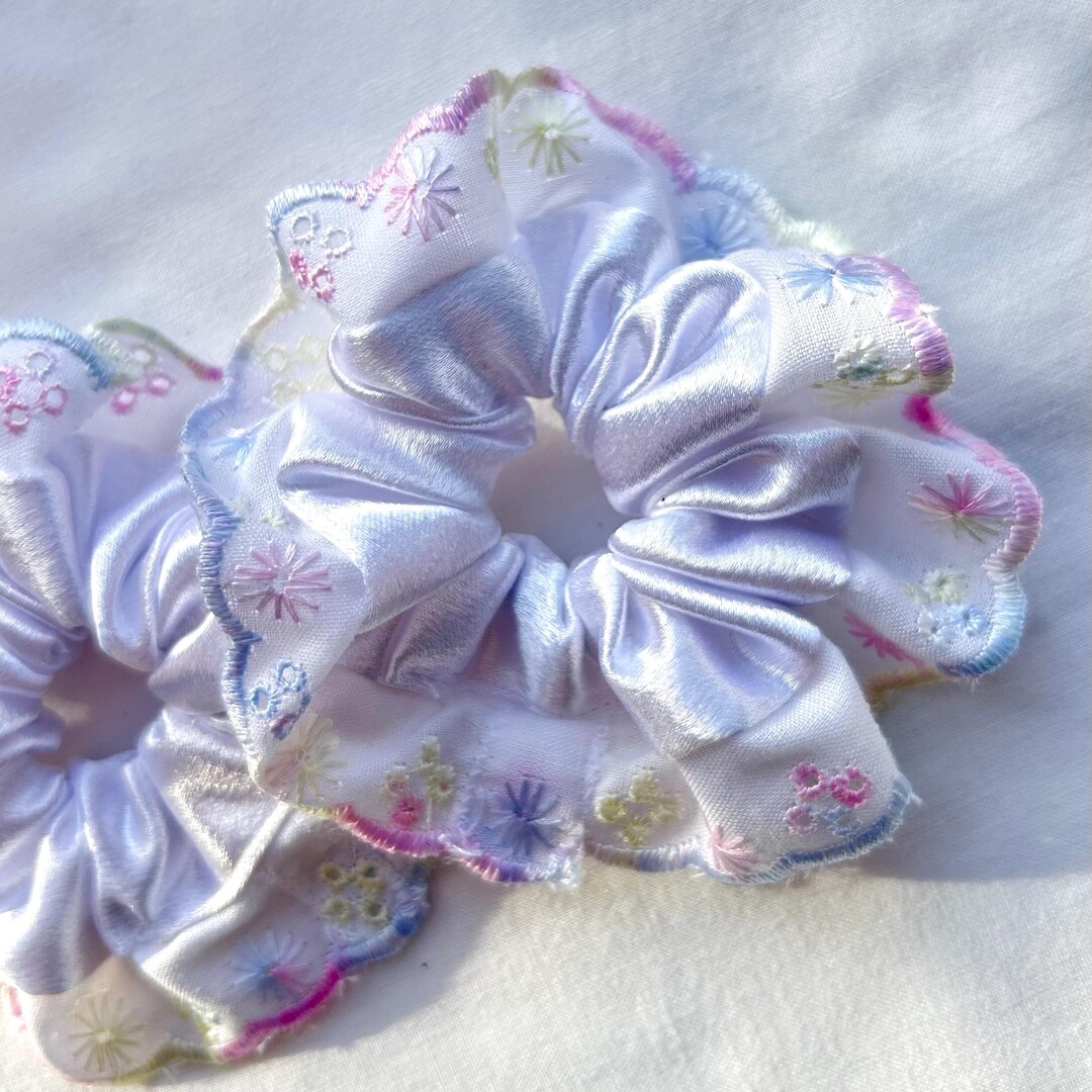 White Satin Baby Scrunchie With Pastel Rainbow Broderie Trim | Tiny ...
