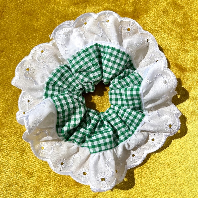 Large Bottle Green Gingham Scrunchie With Scalloped Lace/ribbon Trim ...