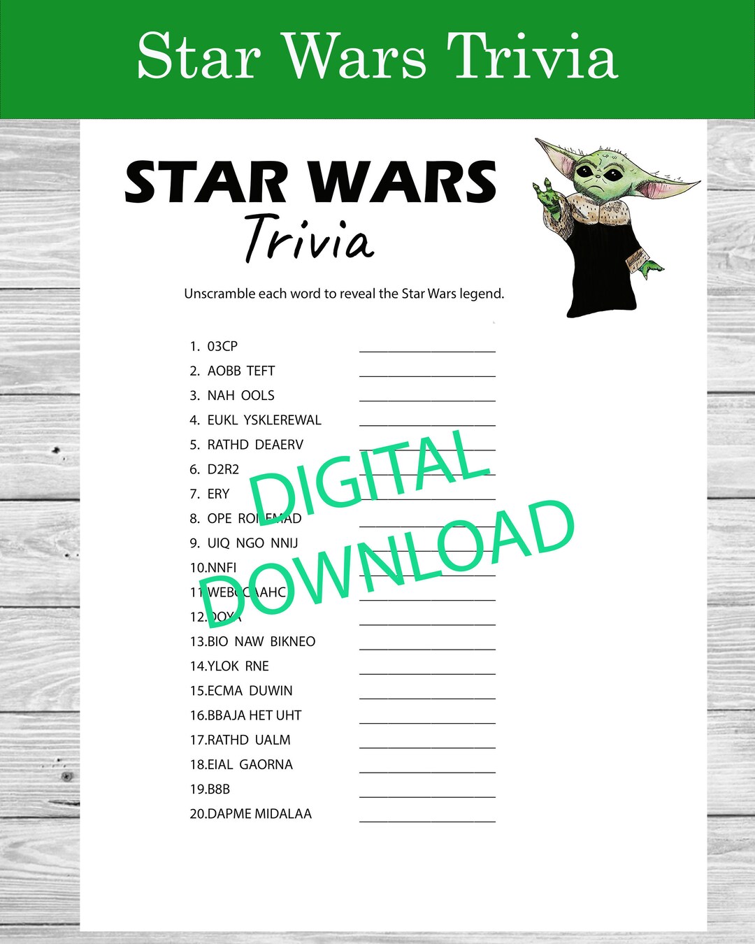 Printable Star Wars Trivia Word Scramble, Printable Mandalorian, Star ...