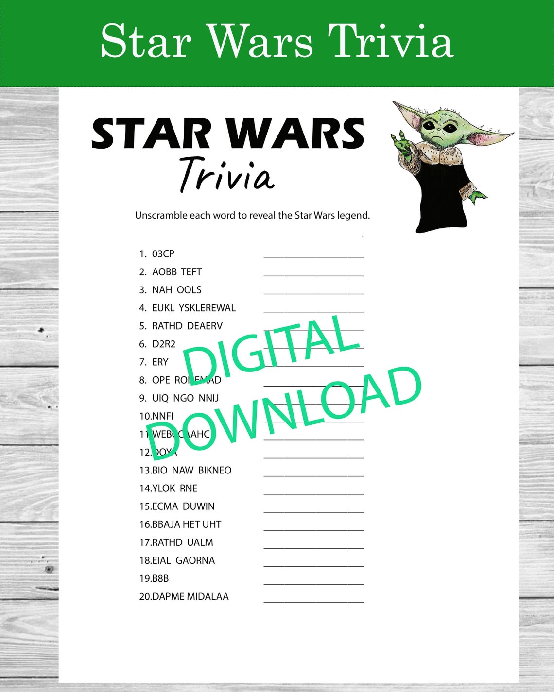Printable Star Wars Trivia Word Scramble, Printable Mandalorian, Star ...