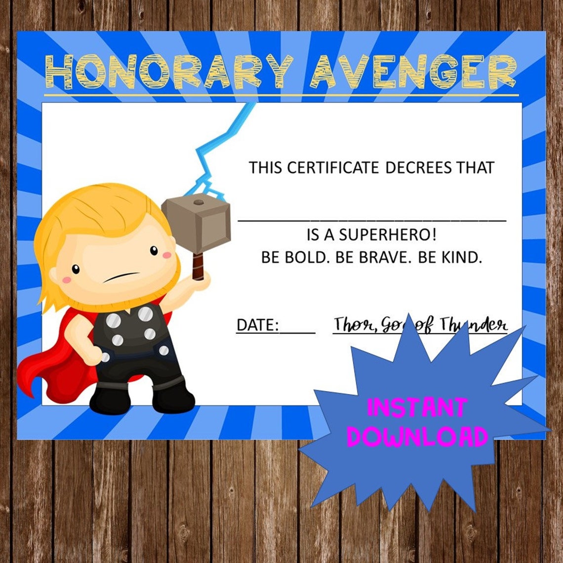 Printable Avengers Certificate: Superhero Birthday Party (digital ...