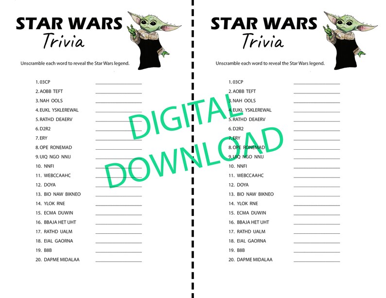 Printable Star Wars Trivia Word Scramble, Printable Mandalorian, Star ...