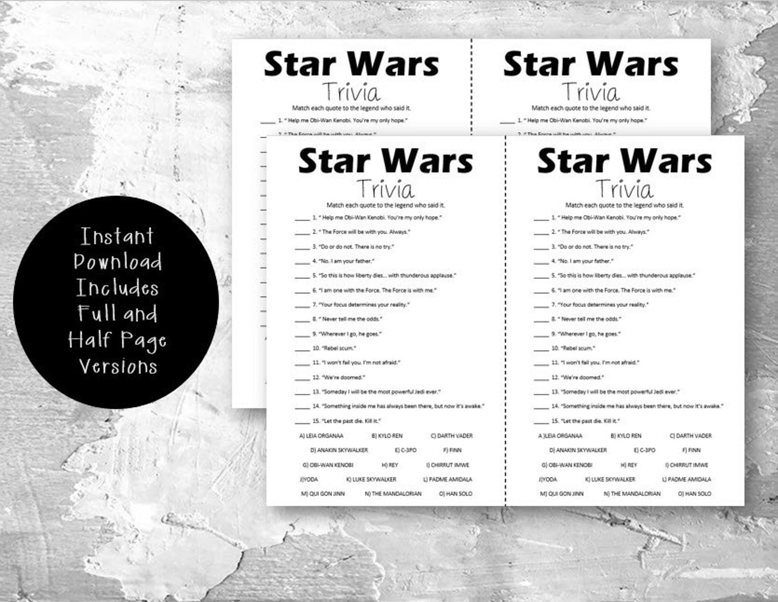 Printable Star Wars Trivia Game (digital Download) - Etsy