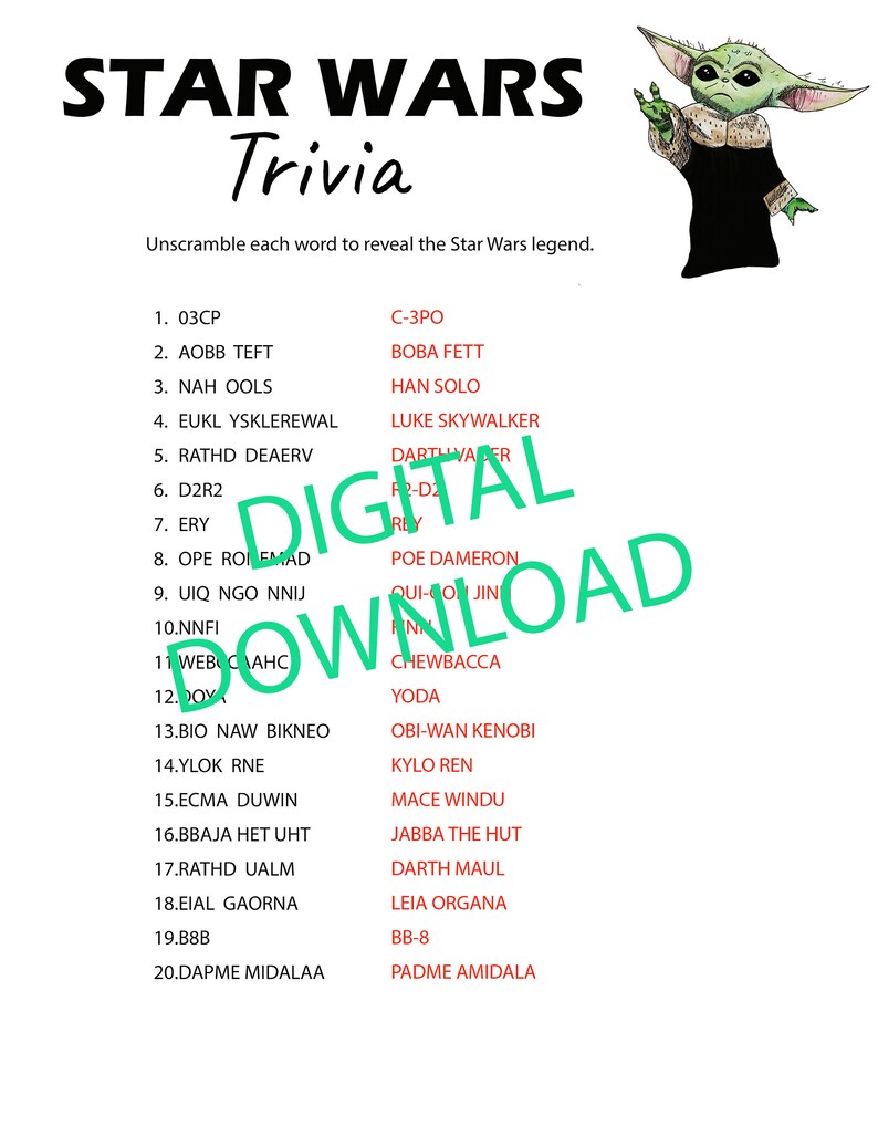 Printable Star Wars Trivia Word Scramble, Printable Mandalorian, Star ...