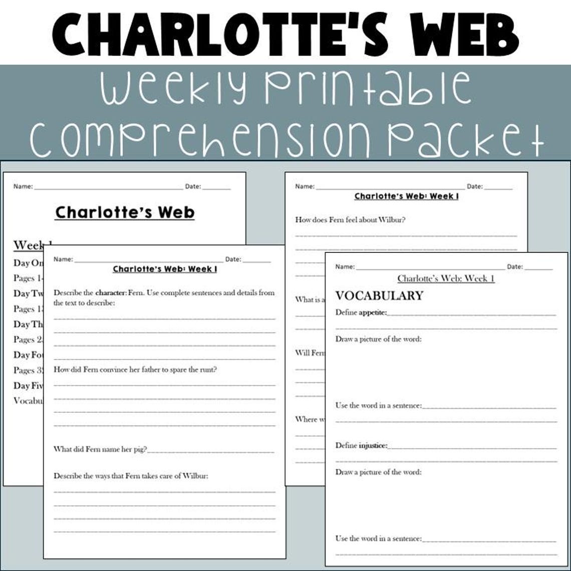 Charlotte's Web Printable and Digital Novel Study - Etsy