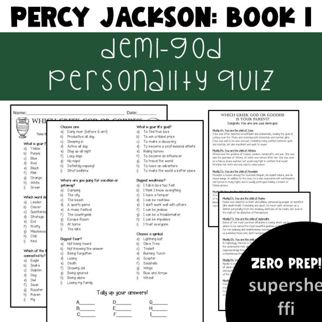 Percy Jackson Novel Study Activity: Greek God and Goddess Demi-god Quiz ...