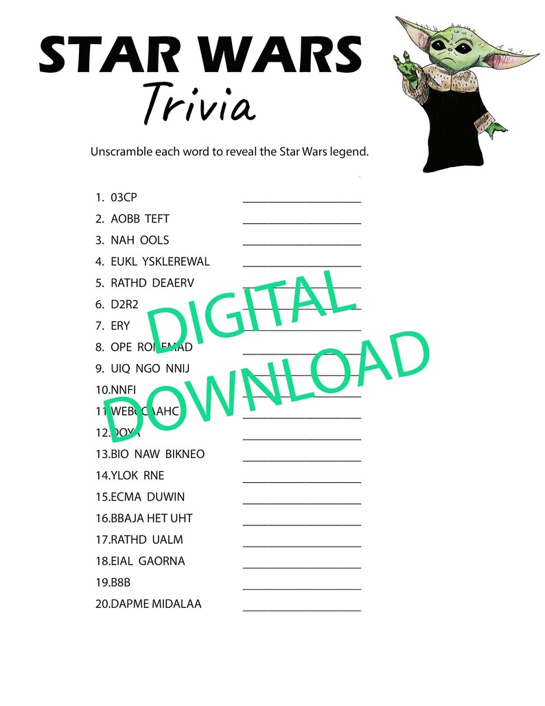 Printable Star Wars Trivia Word Scramble, Printable Mandalorian, Star ...