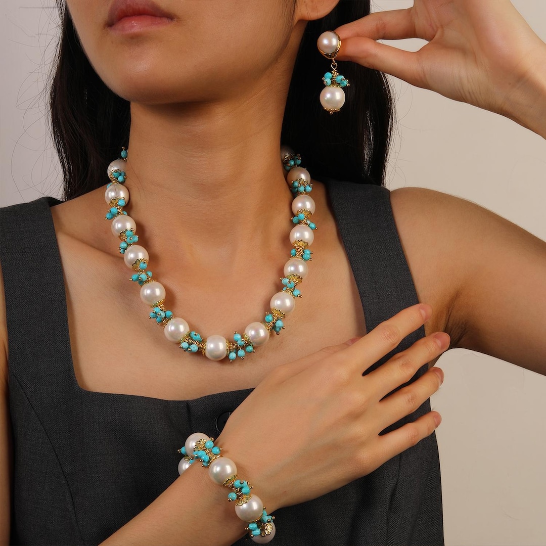 Handmade Baroque Pearl and Turquoise Jewelry Set– Natural Freshwater ...