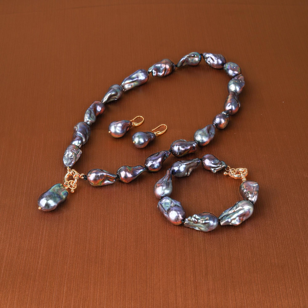 Black Baroque Pearl Classic Set, Round Spring Clasp, Irregularly Pearls ...