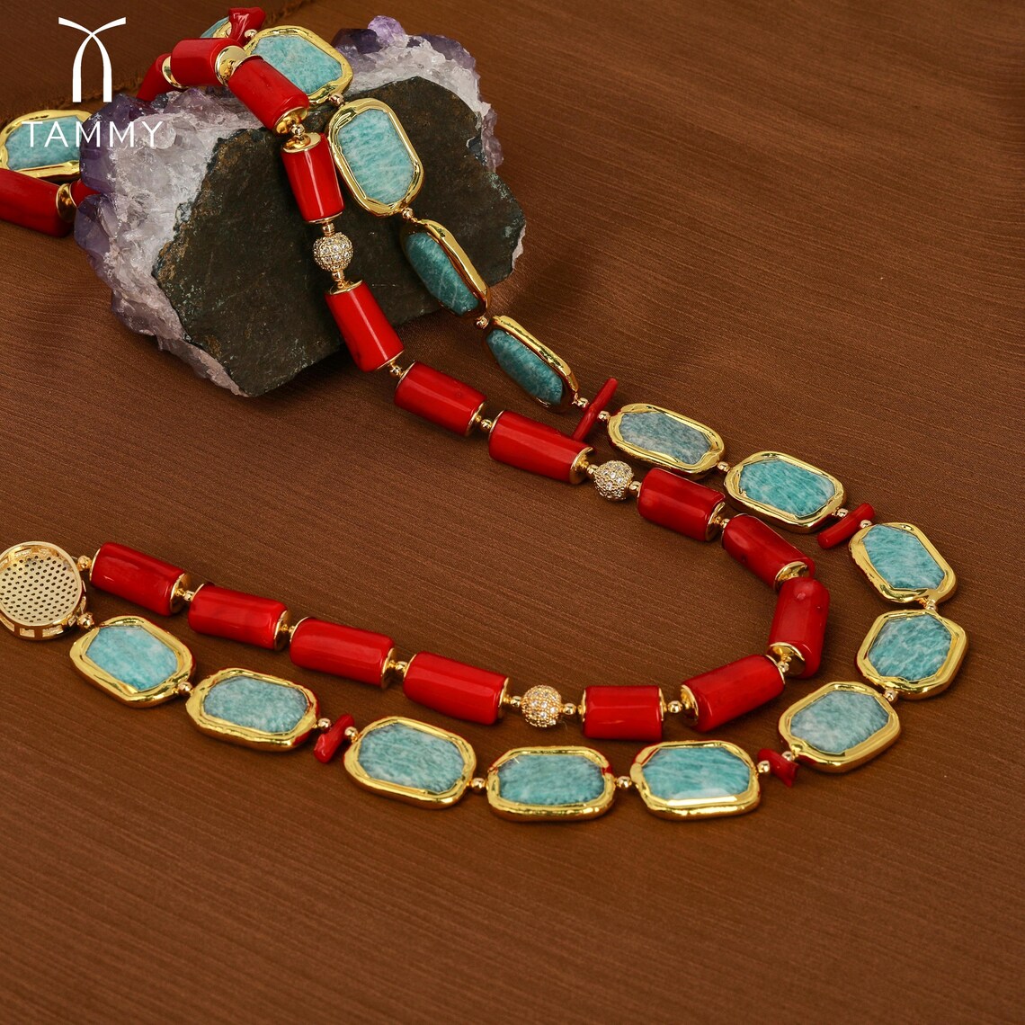 Red Coral Tianhe Stone Necklace, Zircon Buckle, Copper Finish - Etsy