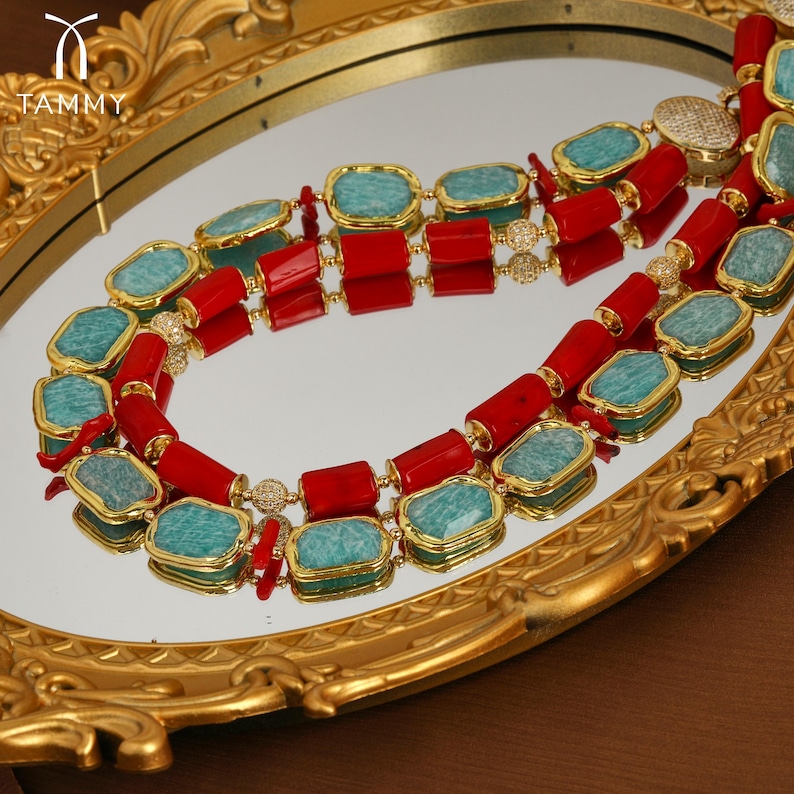 Red Coral Tianhe Stone Necklace, Zircon Buckle, Copper Finish - Etsy