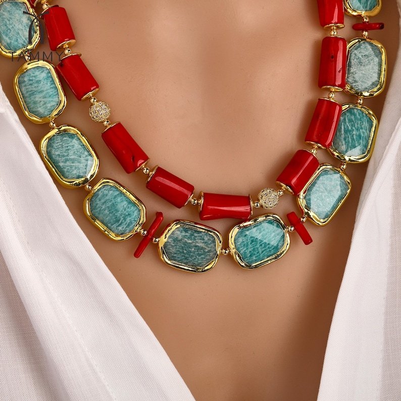 Red Coral Tianhe Stone Necklace, Zircon Buckle, Copper Finish - Etsy