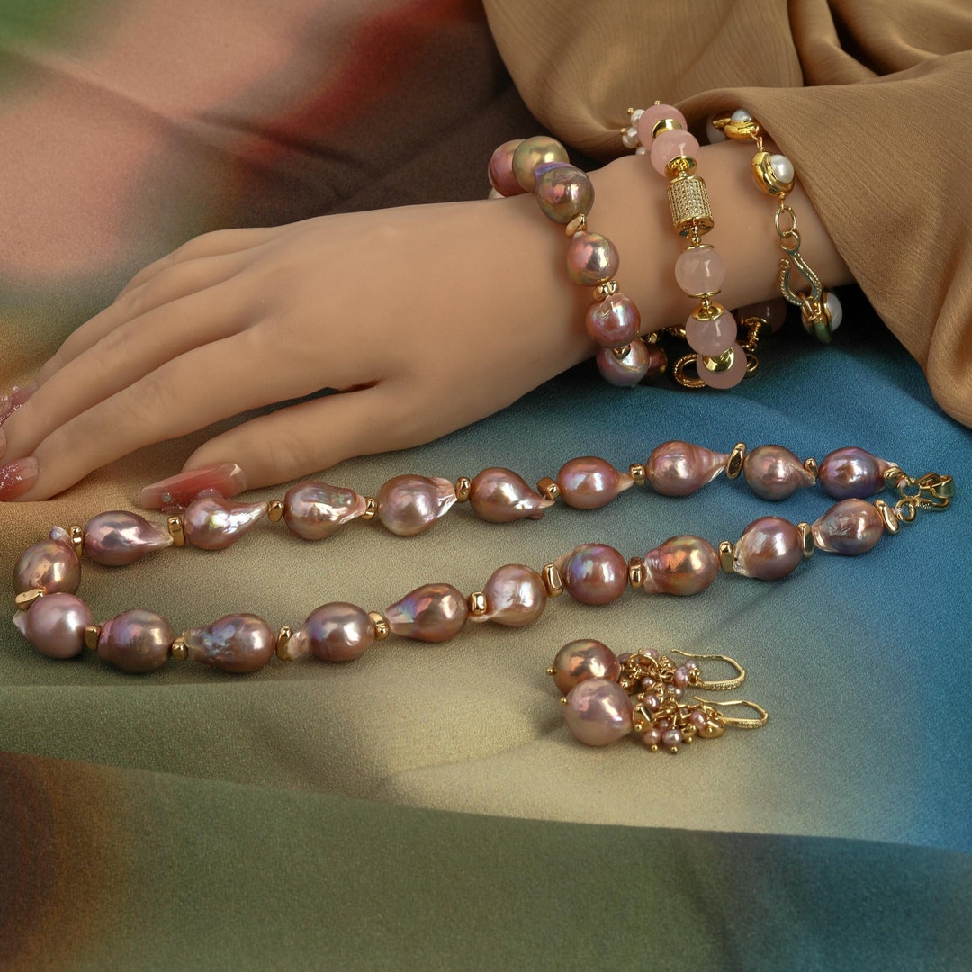 Irregular Baroque Pearl Jewelry Set, Natural Purple Pearls, Necklace ...