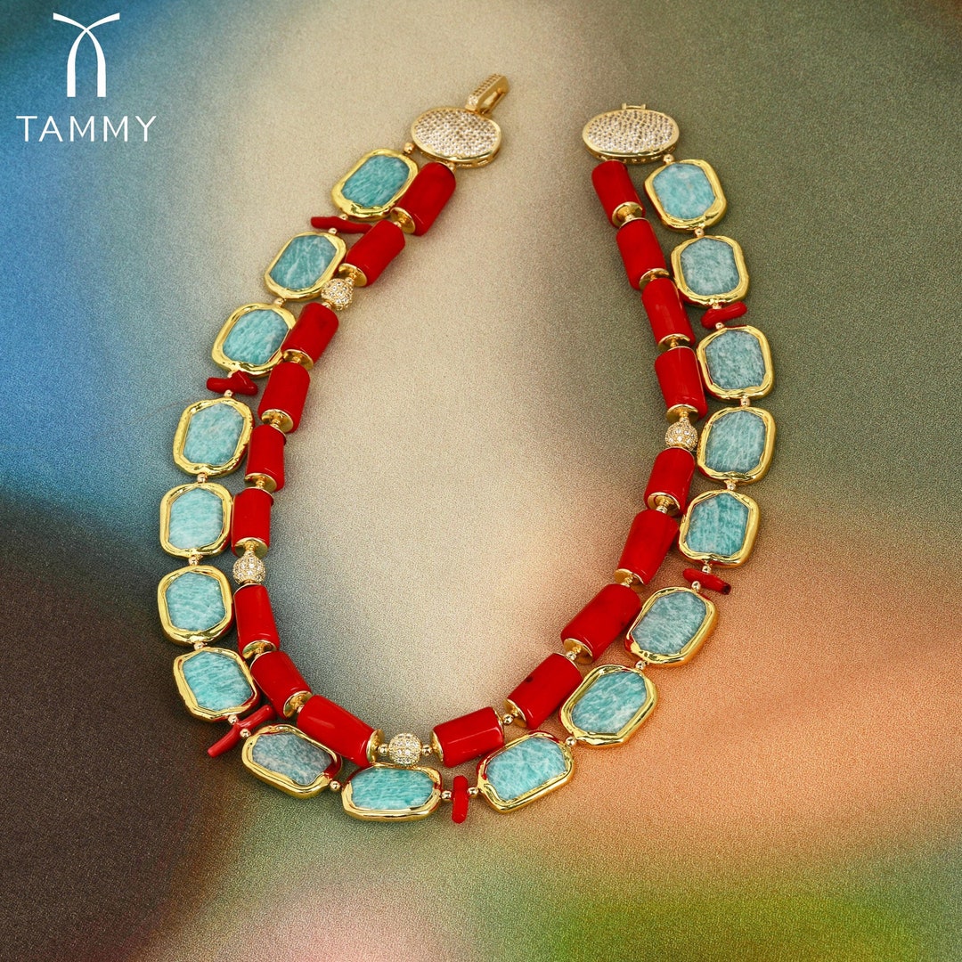 Red Coral Tianhe Stone Necklace, Zirconia Buckle, Copper Finish - Etsy