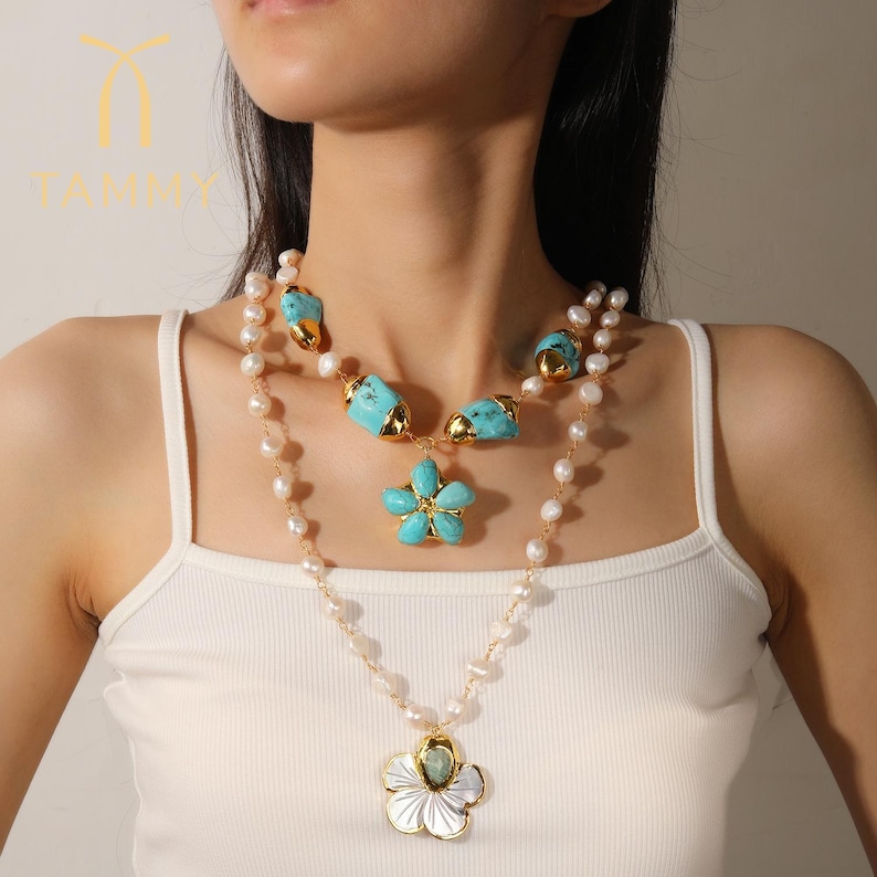 Handmade Turquoise & Freshwater Pearl Necklace, Gold-tone Flower ...