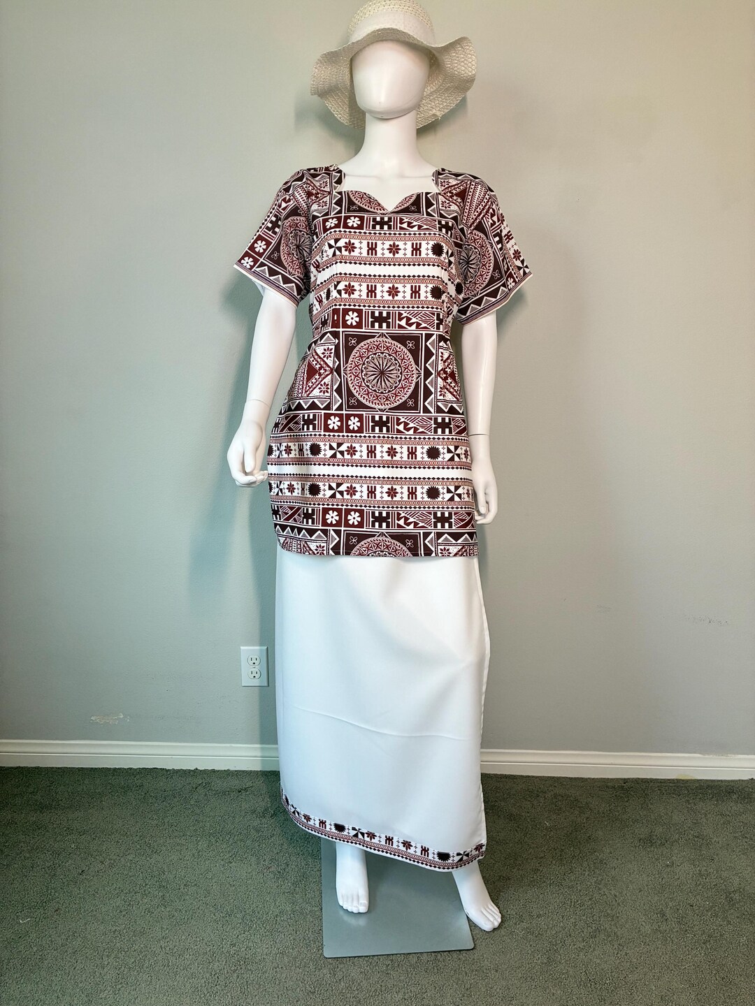 Puletasi, Fijian Tapa Block Print - Polynesian Design - Short Sleeves ...