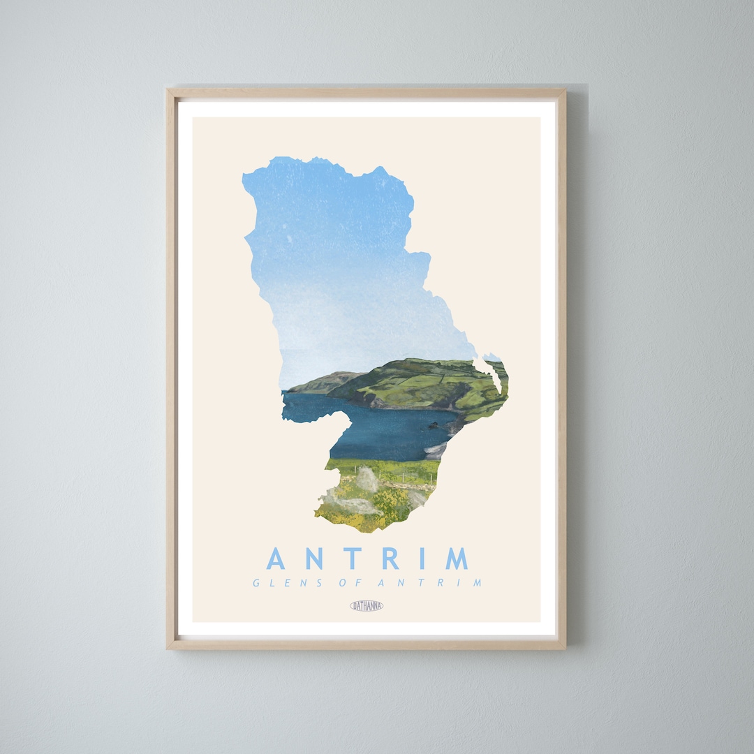 Antrim Map Travel Poster, Irish Landscape Prints, Gaeilge Art, Irish ...